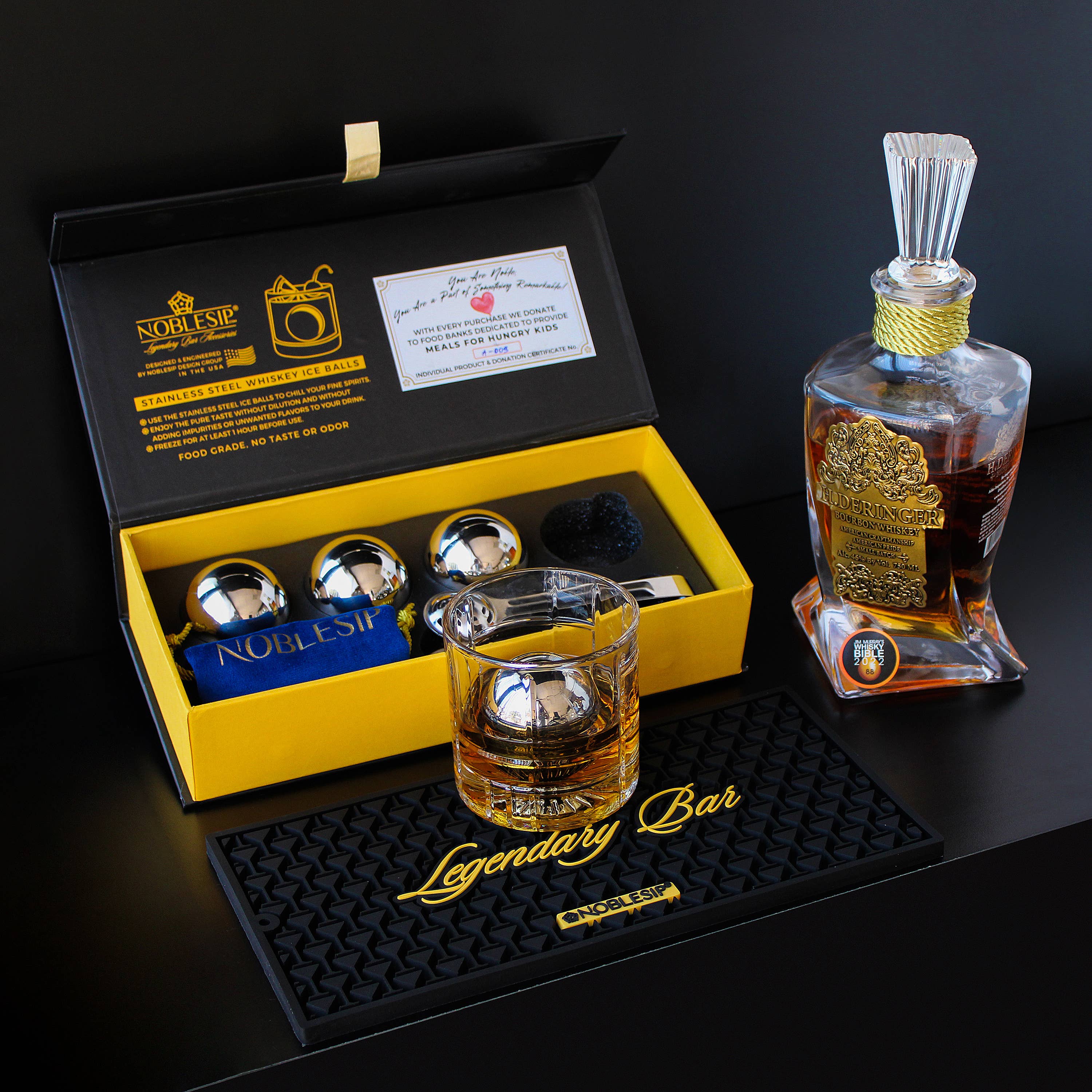 Whiskey Chilling Balls Gift Set – 4 Stainless Steel Ice Balls, Tongs